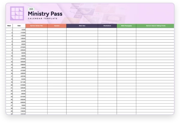 Excel Sermon Calendar Template - Ministry Pass
